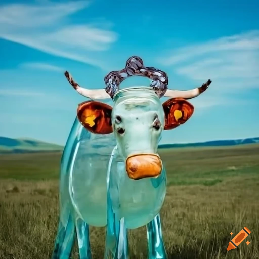 Glass cow sculpture in a montana field
