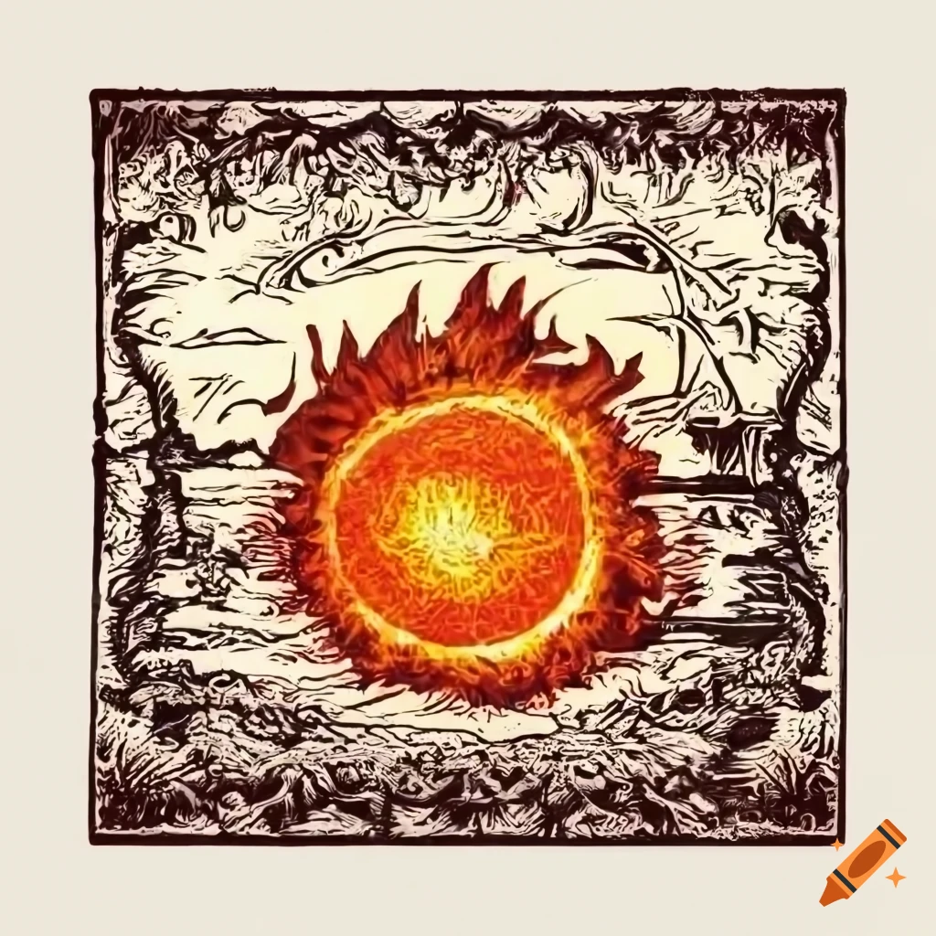 Woodcut illustration of a fireball over a burning field