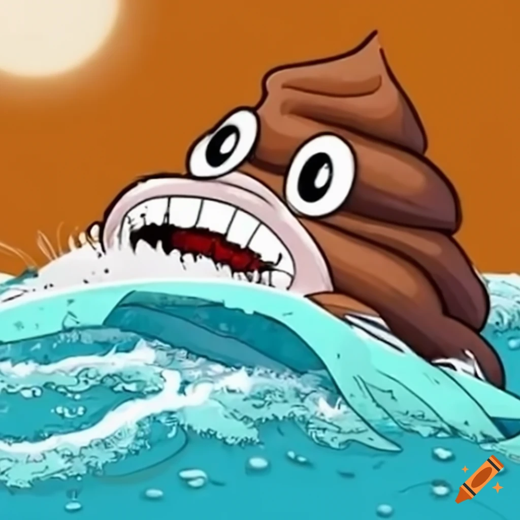 Funny poop character surfing on a wave
