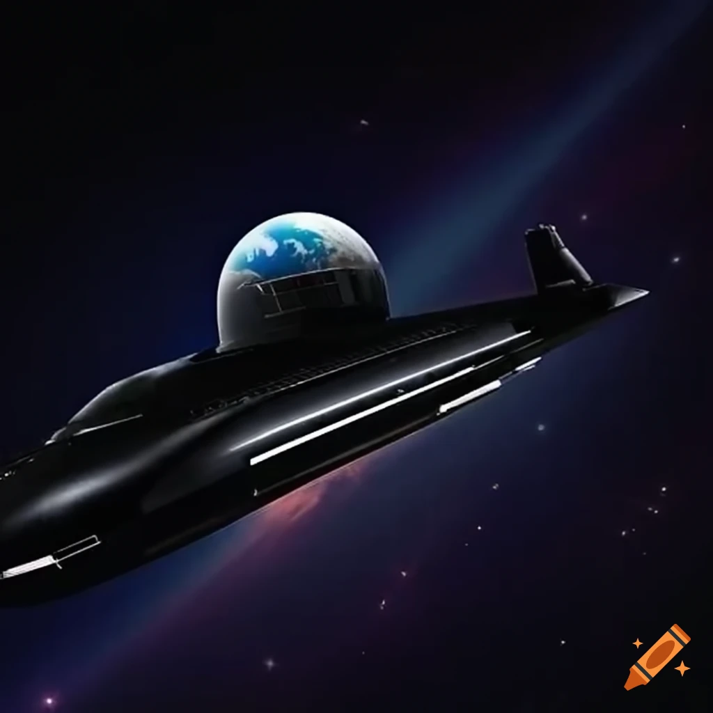 Image of a sci-fi space submarine flying in space