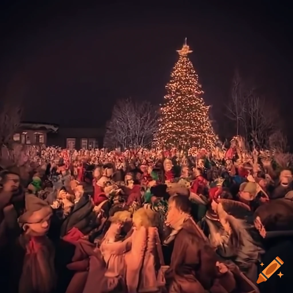 Festive scene of Christmas elves dancing in front of a school building ...
