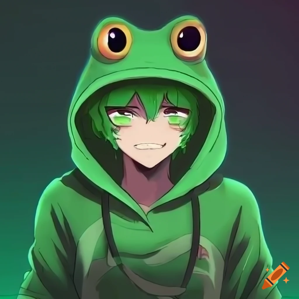 Character in a dark green toad hoodie on Craiyon