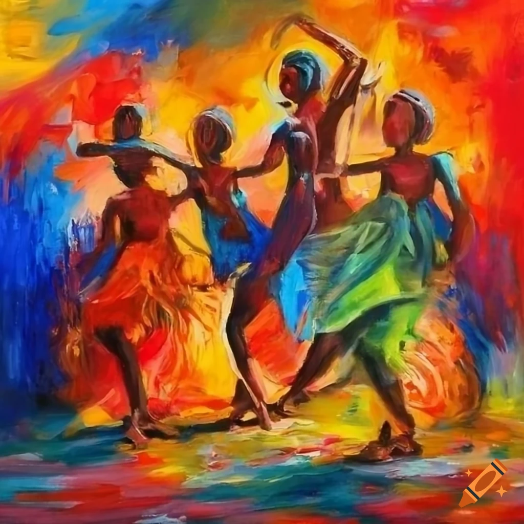 Oil painting of tribal figures dancing in the sun