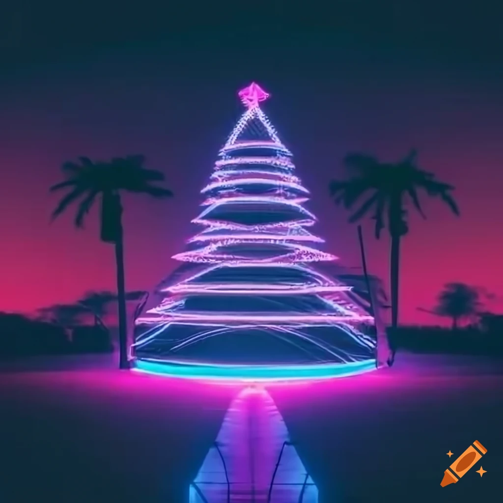 Neon christmas tree against a vibrant synthwave sunset