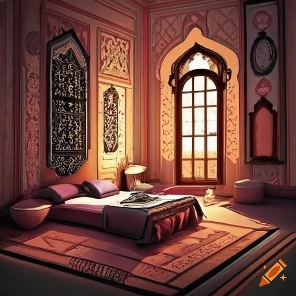 Arabic style bedroom with tv, chair, window, bed and computer