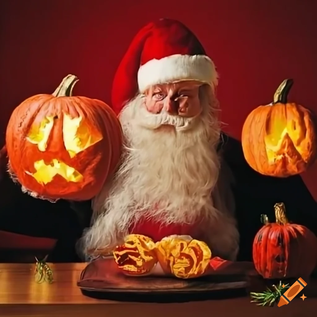 Santa claus carving a pumpkin