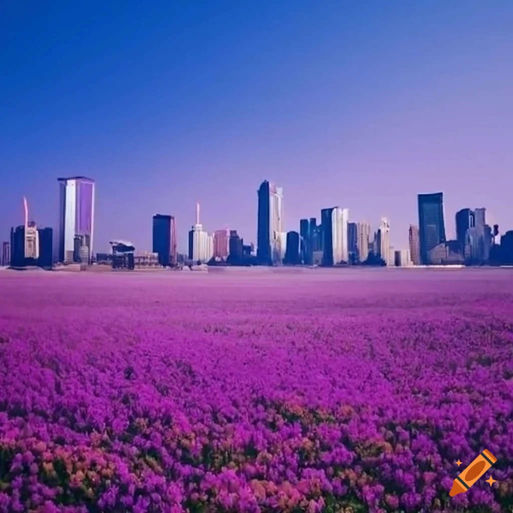 Colorful field of flowers with a cityscape backdrop on Craiyon