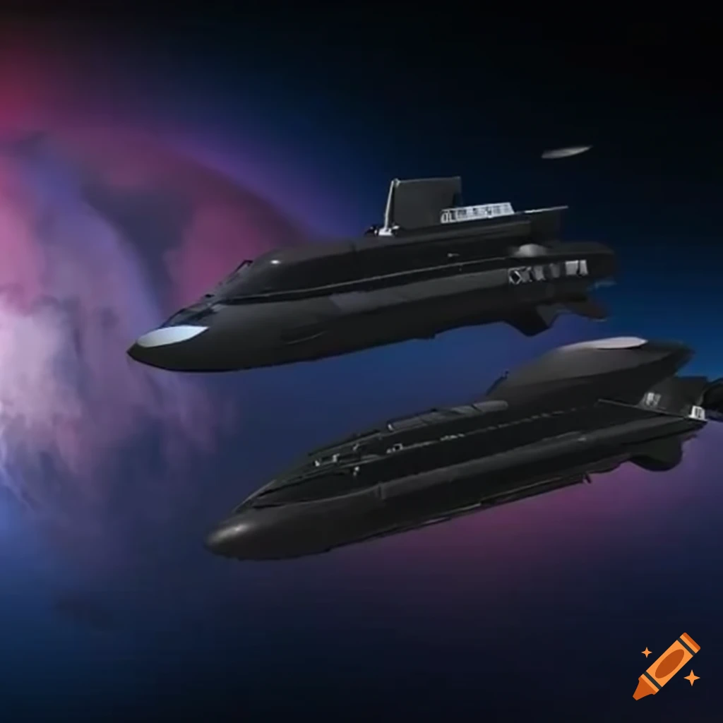 Image of a sci-fi space submarine flying in space on Craiyon