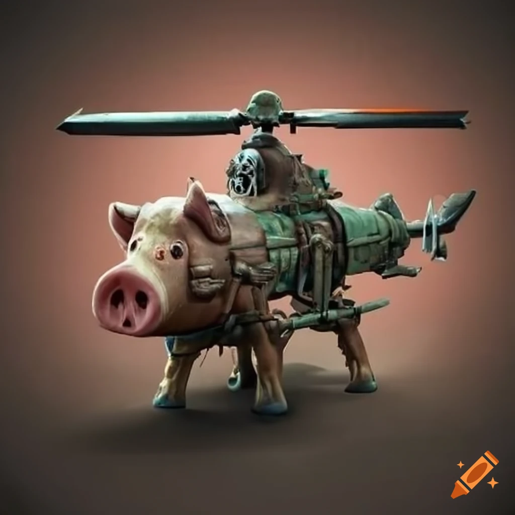 Illustration of a pig helicopter in a wasteland