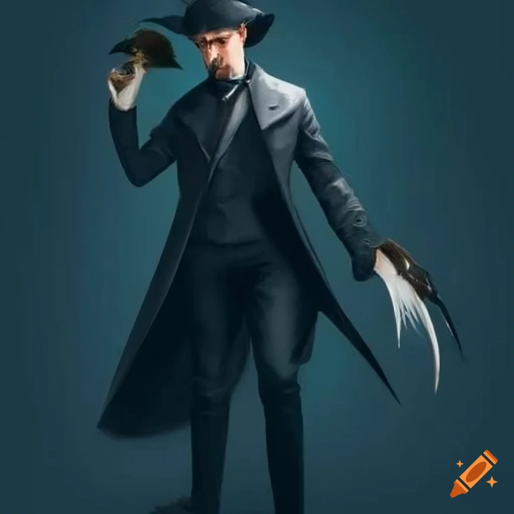 Man wearing a long dark coat with unique bird claw details