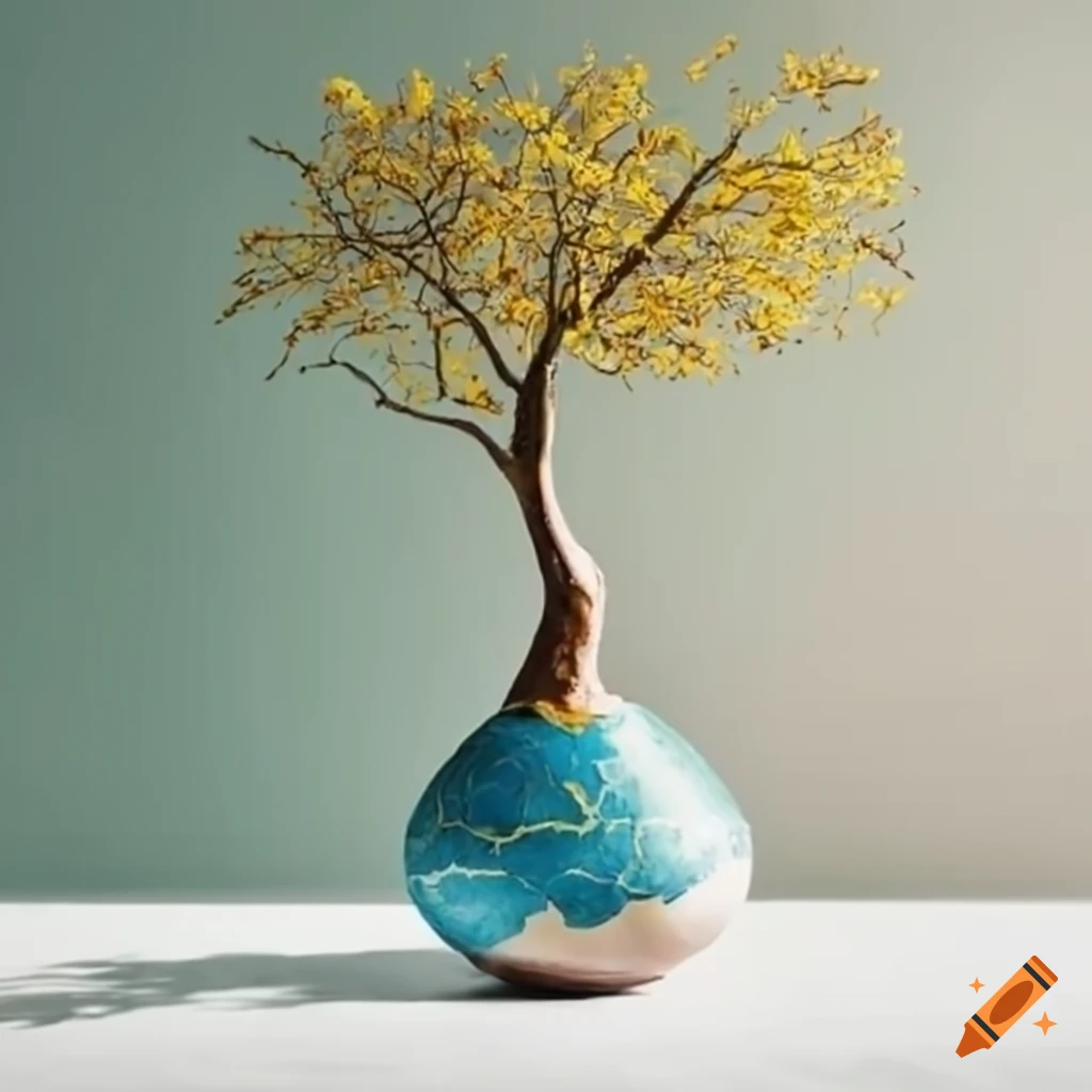 Pottery in kintsugi style with a tree growing from it