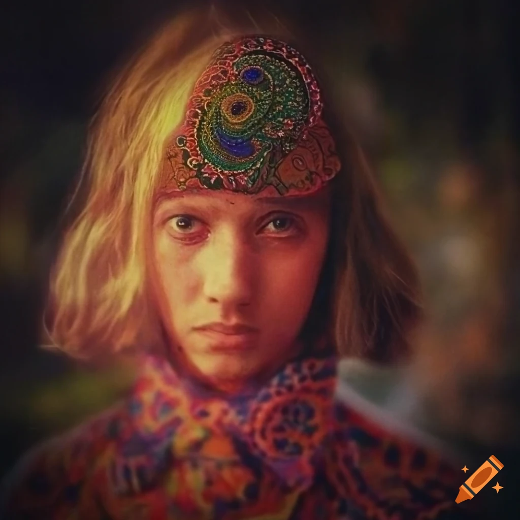 Vibrant vintage portrait with psychedelic clothes on Craiyon