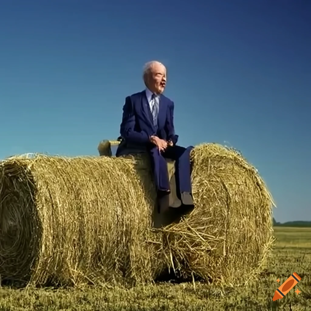 Satirical image of joe biden riding a hay bale