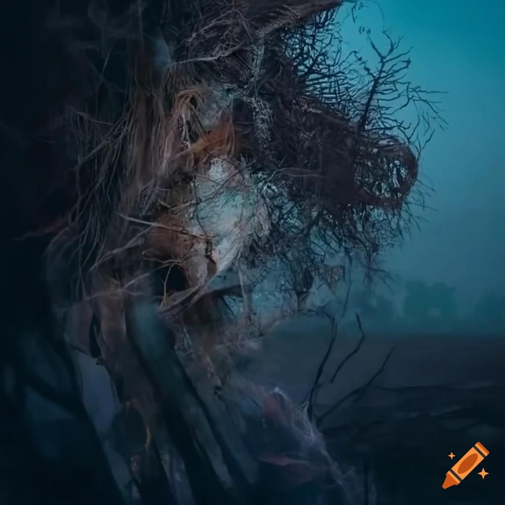 Close-up of a distorted figure caught in a web of branches and junk on ...