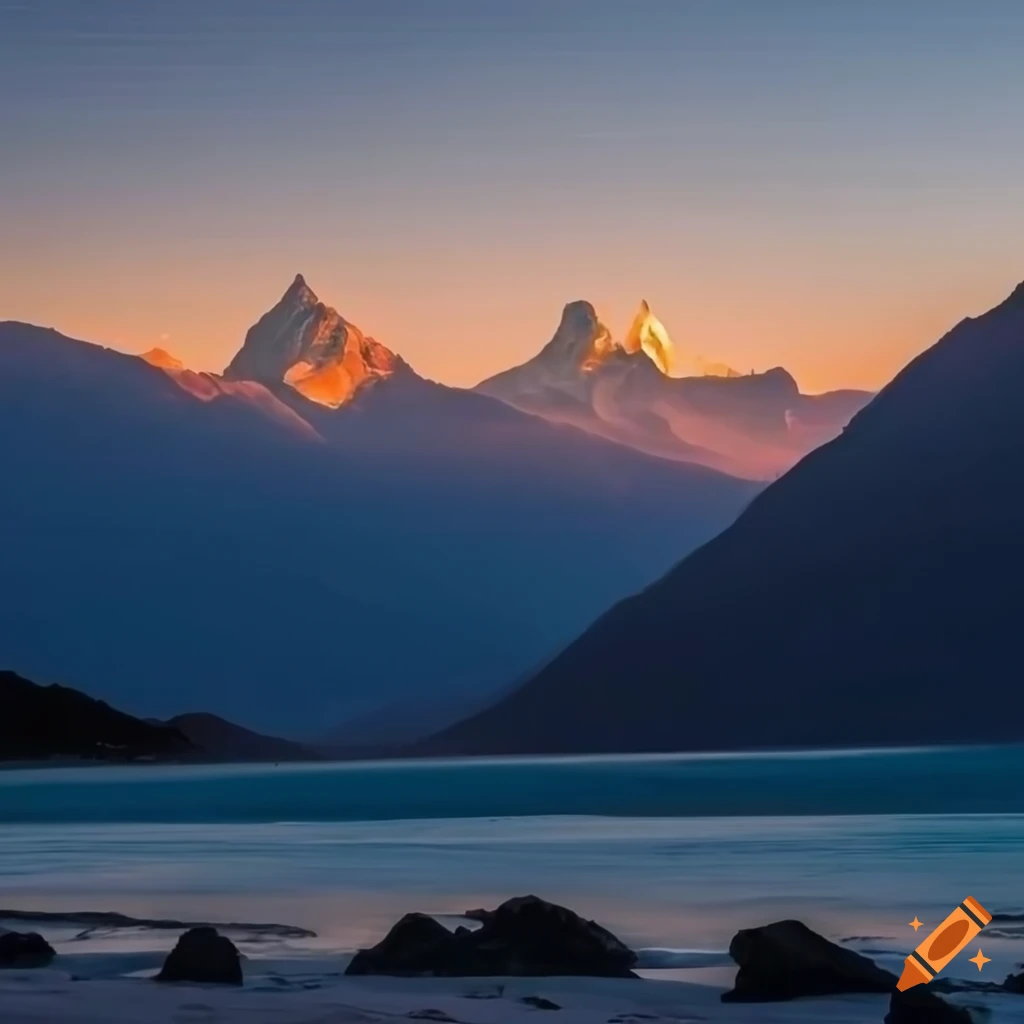 Sunset view of mount everest beach with andes mountains in background