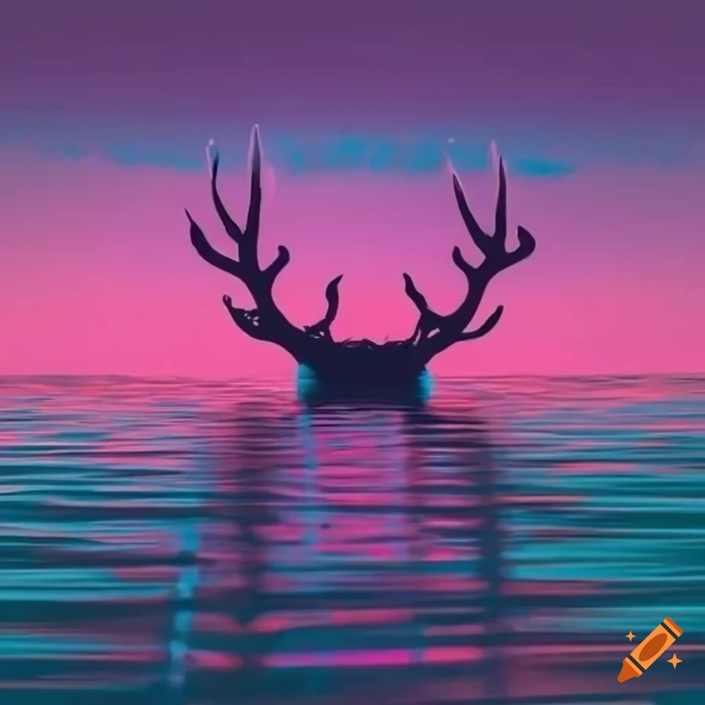Neon synthwave sunset with antlers swimming in the ocean