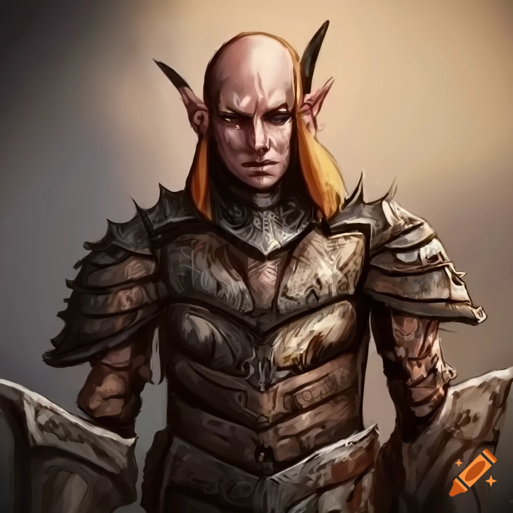 Illustration of a bald elf warrior in armor