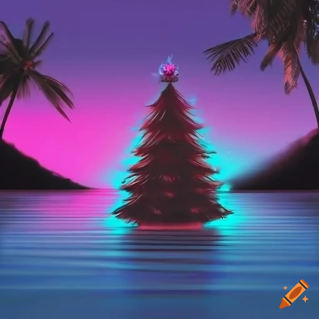 Synthwave christmas tree on a tropical beach