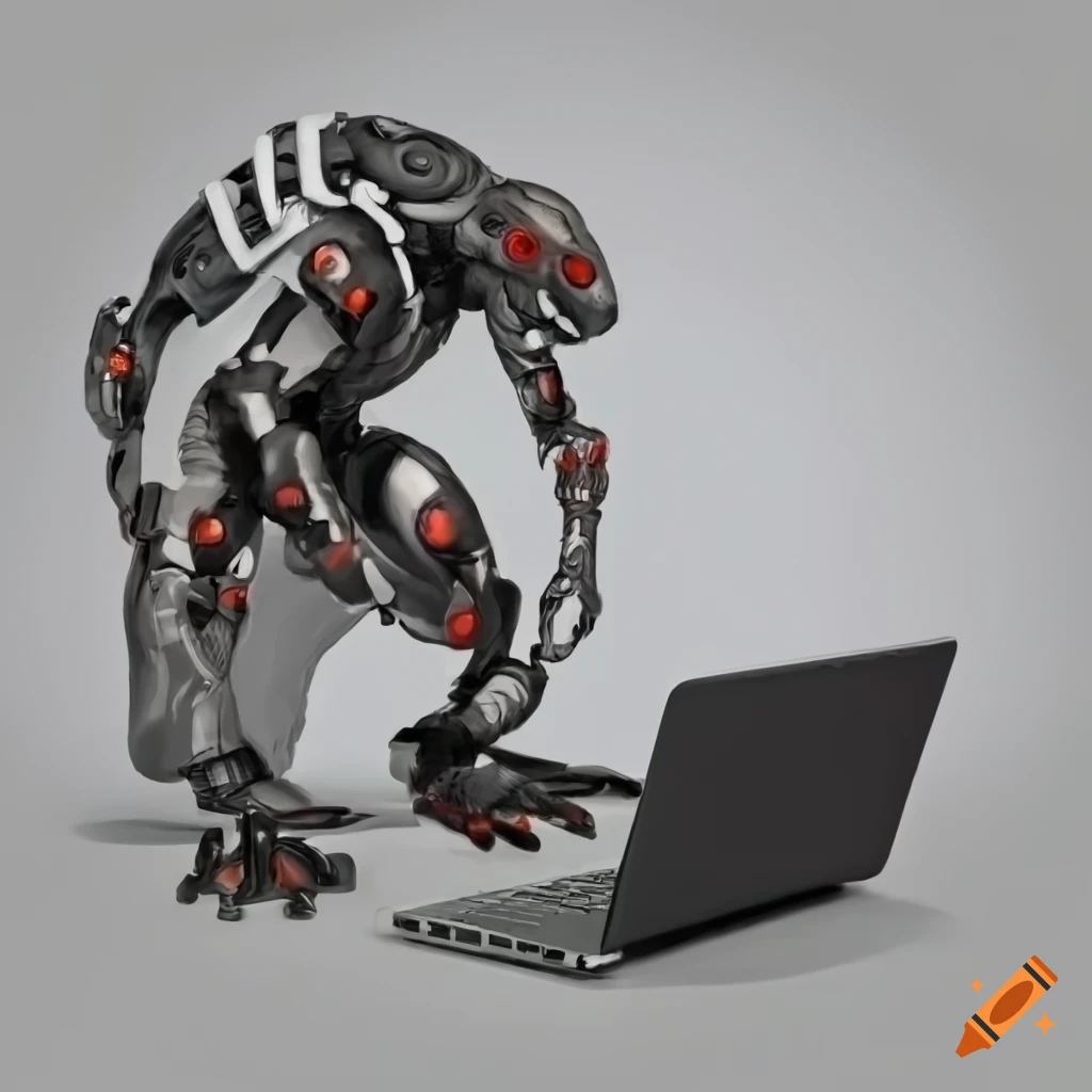 Cyborg raptor working on a laptop in an office