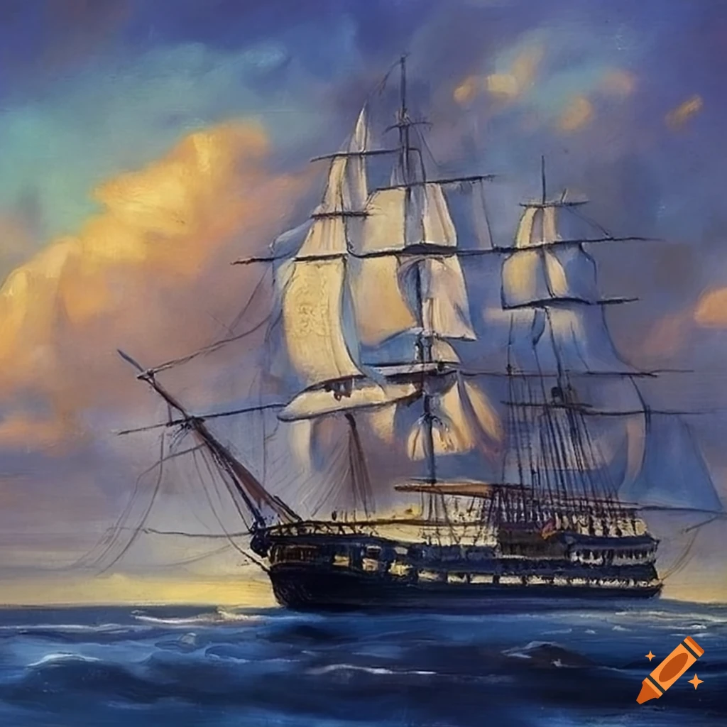 Oil painting of a majestic 74 gun ship