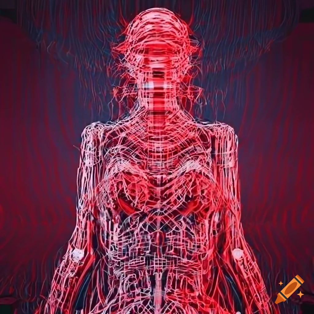Futuristic red wireframe art with female figure on Craiyon
