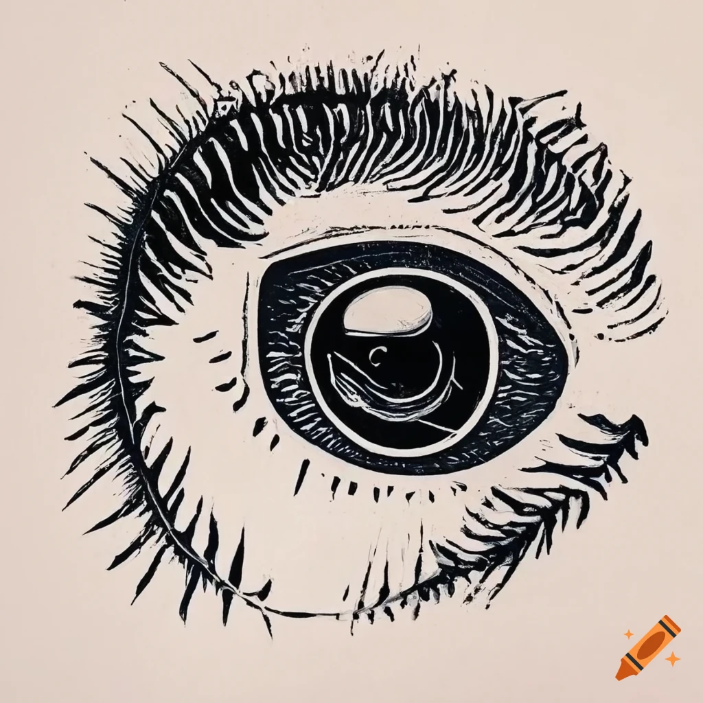 Linocut print of a fish hook near an open eye