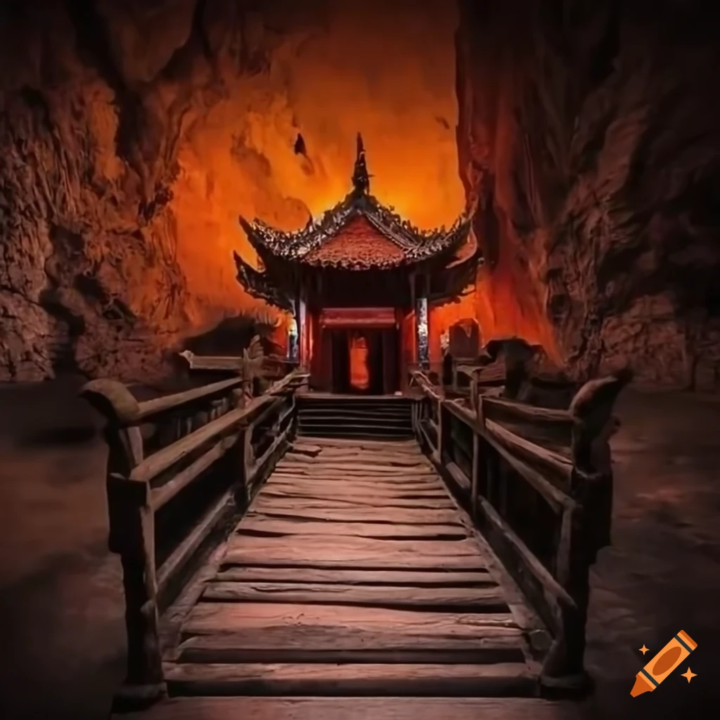 Image of an oriental temple in a lava-filled landscape on Craiyon