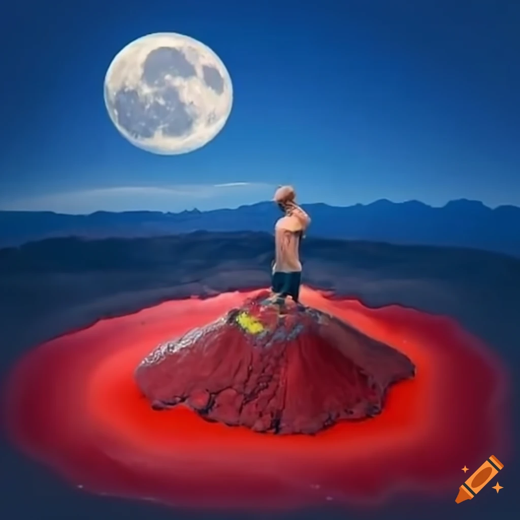 Man drinking red water under blue moon on a volcano