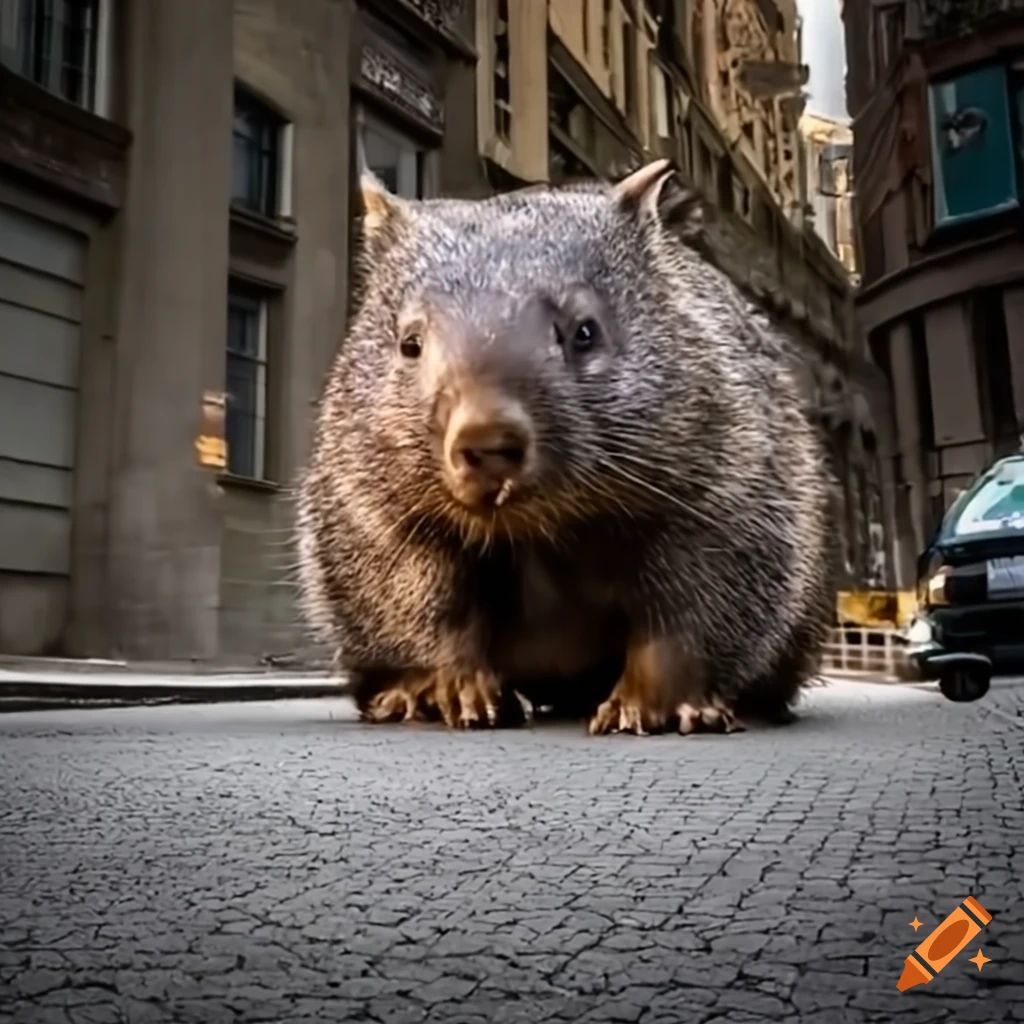 Giant wombat walking through a city street