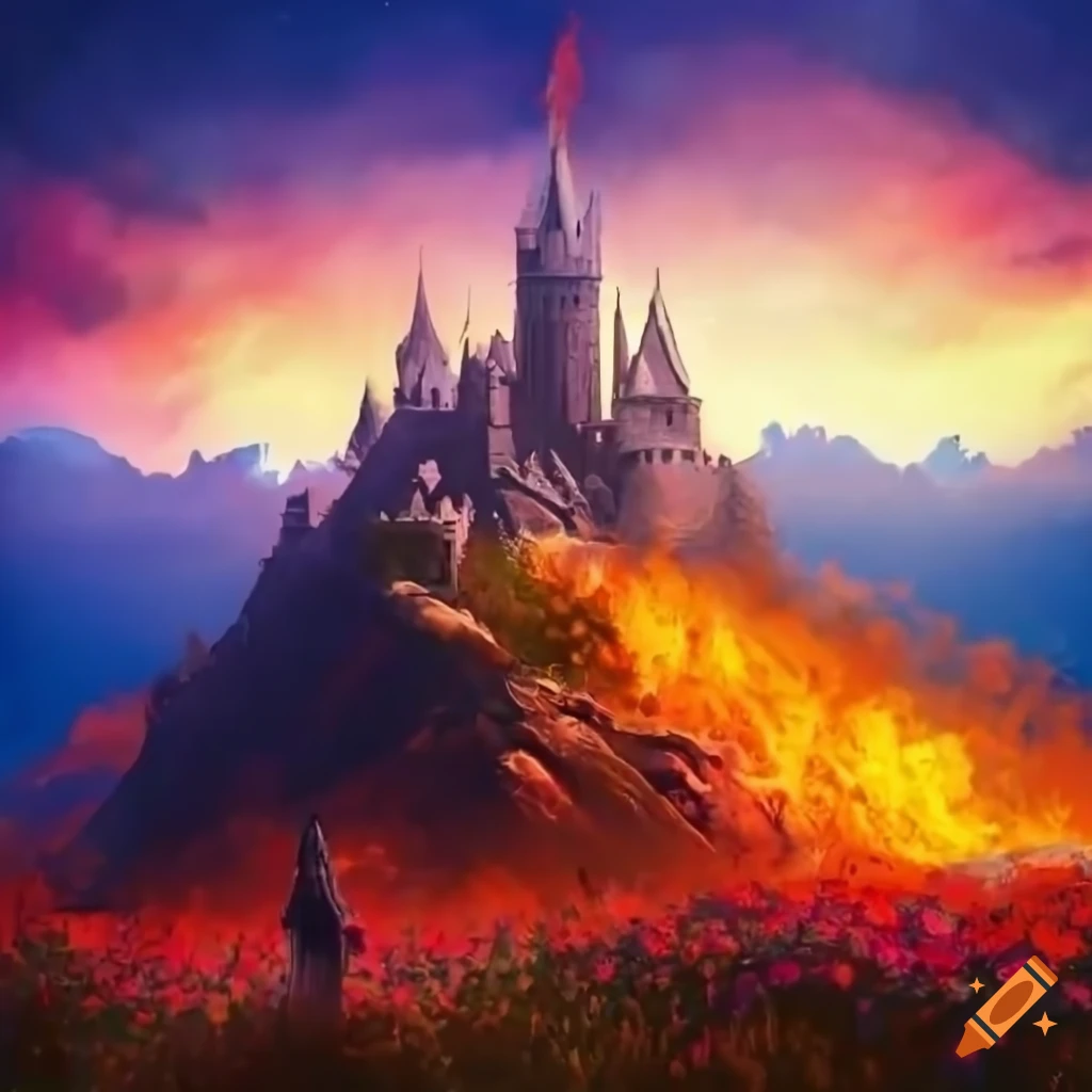 Castle engulfed in colorful flames in a fantasy world on Craiyon