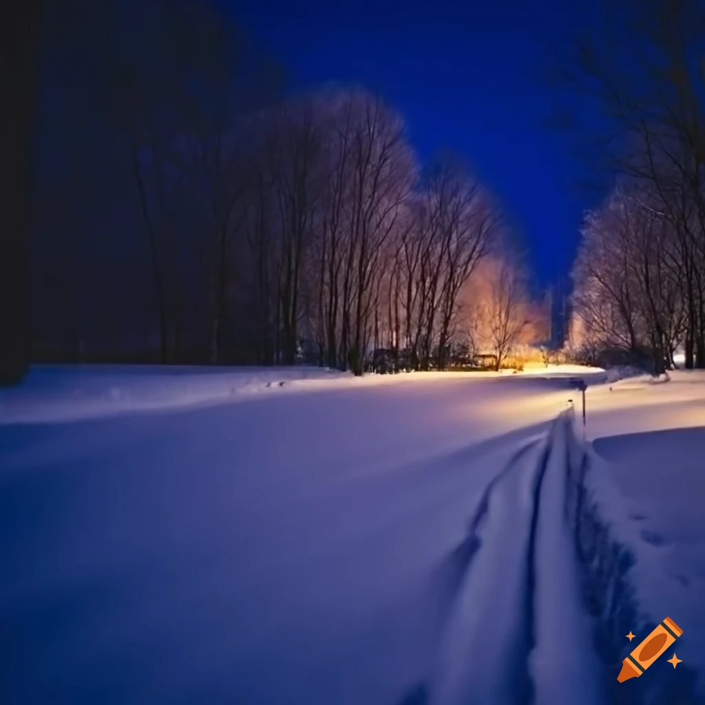 Nighttime winter scene with snow and lights