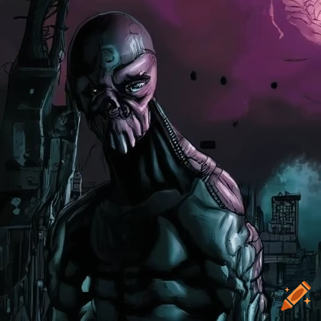 Dark and futuristic cityscape from a sci-fi comic