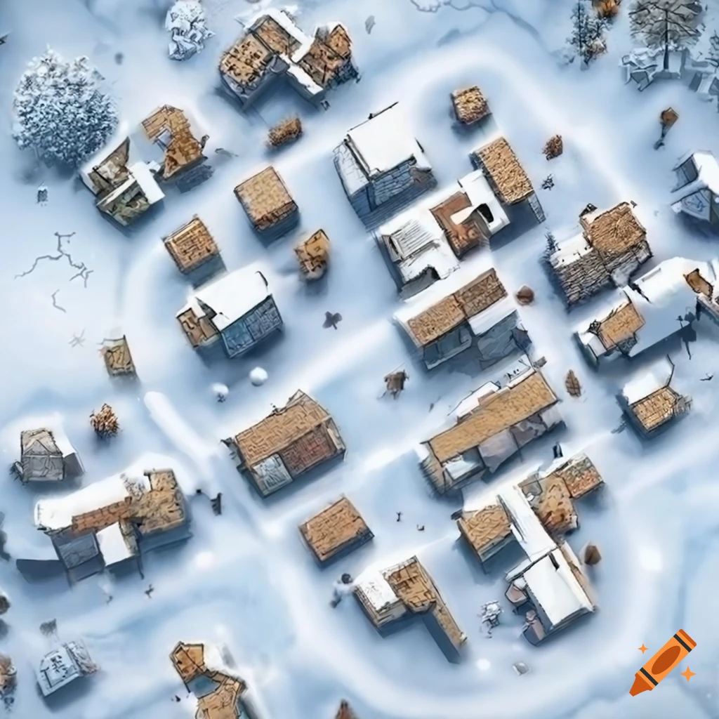 Top down view of a snowy town map for tabletop war game on Craiyon
