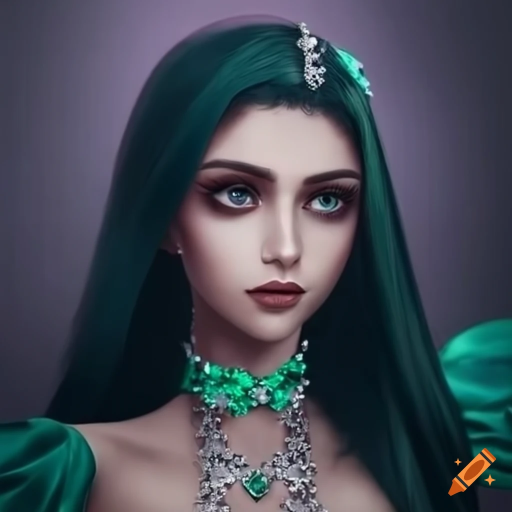 Beautiful princess in a long dark green satin dress on Craiyon