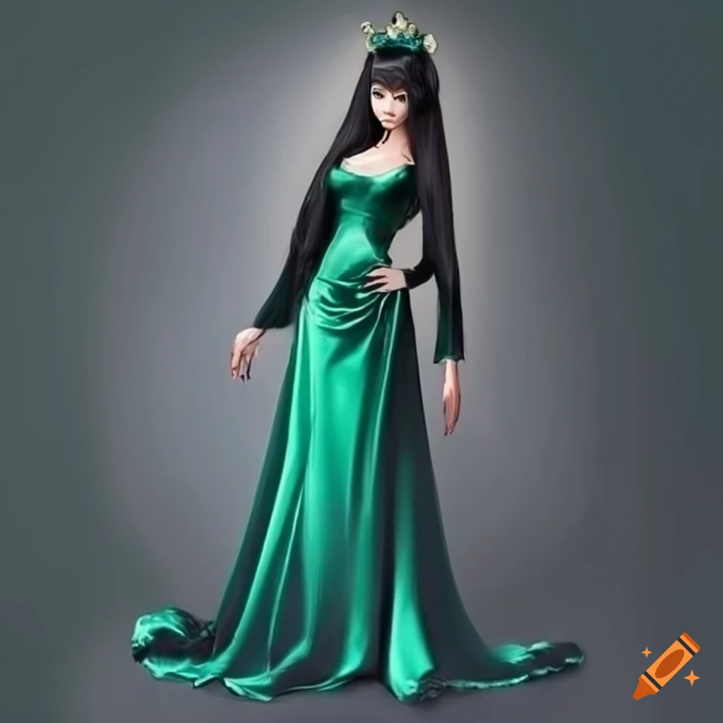 Beautiful princess in a long dark green satin dress on Craiyon