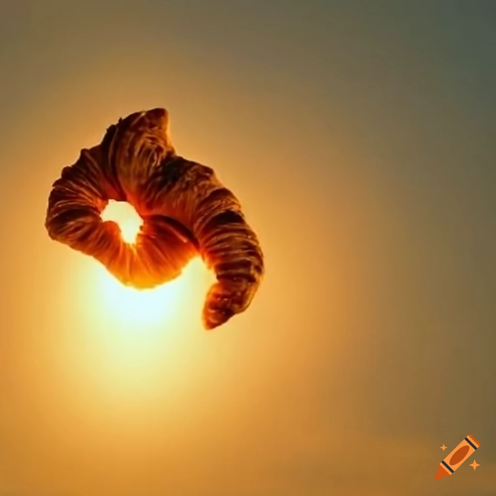 Ginette reno riding a flying croissant with sunrise on Craiyon