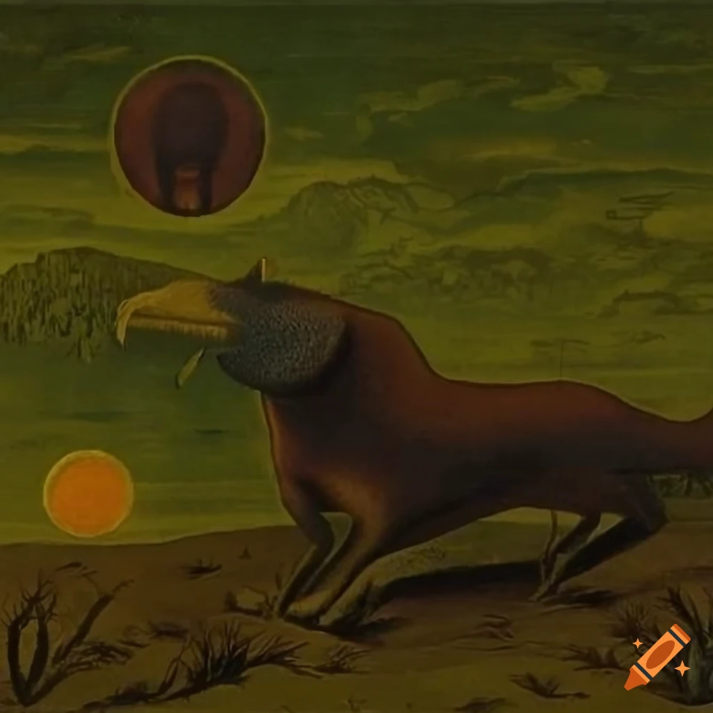 Painting of mythical creatures in golden hour on Craiyon