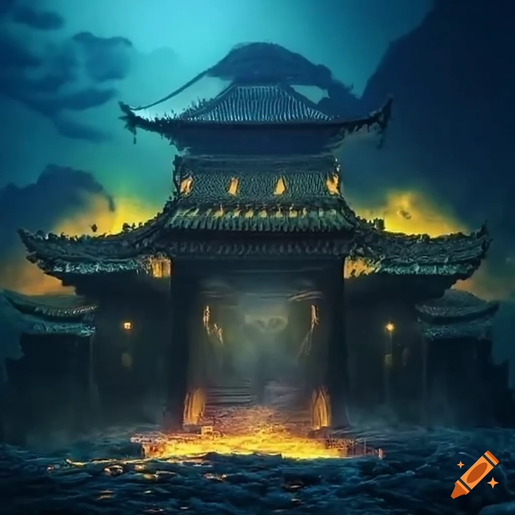 Image of a glowing oriental temple with molten lava