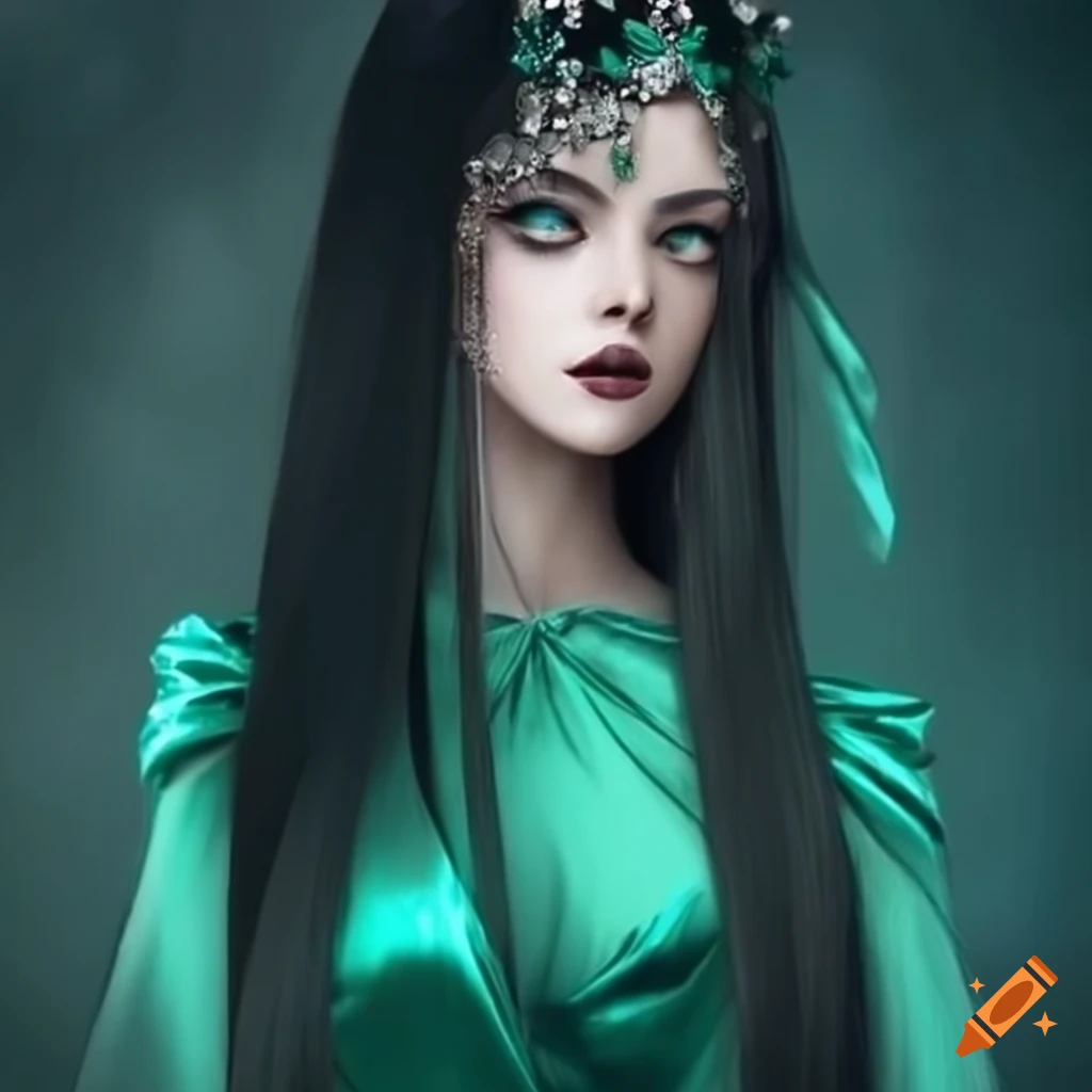 Beautiful princess in a long dark green satin dress on Craiyon