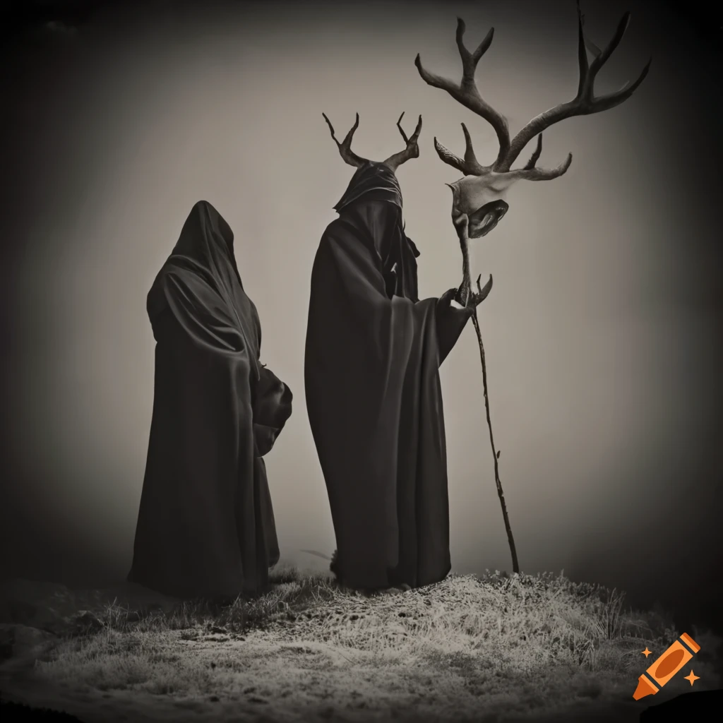 Black and white vintage photo of hooded figures in a canyon on Craiyon