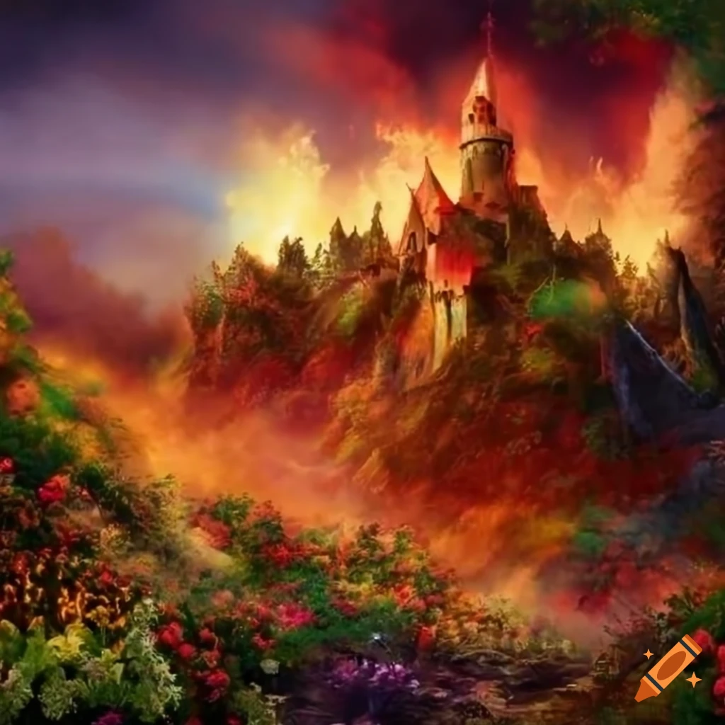 Colorful fantasy world with a distant castle and burning flowers on Craiyon