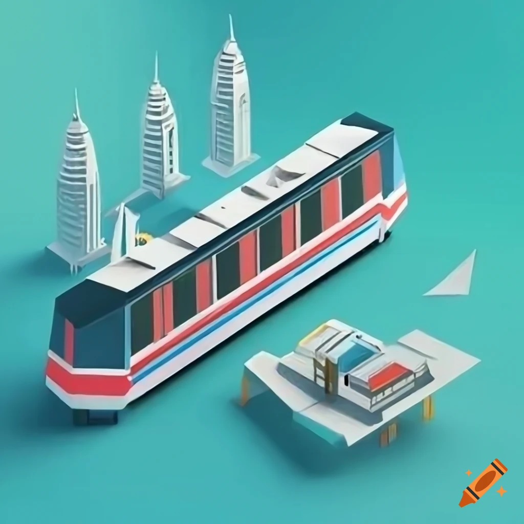 Isometric wallpaper of KLCC with LRT and MRT crossing on Craiyon