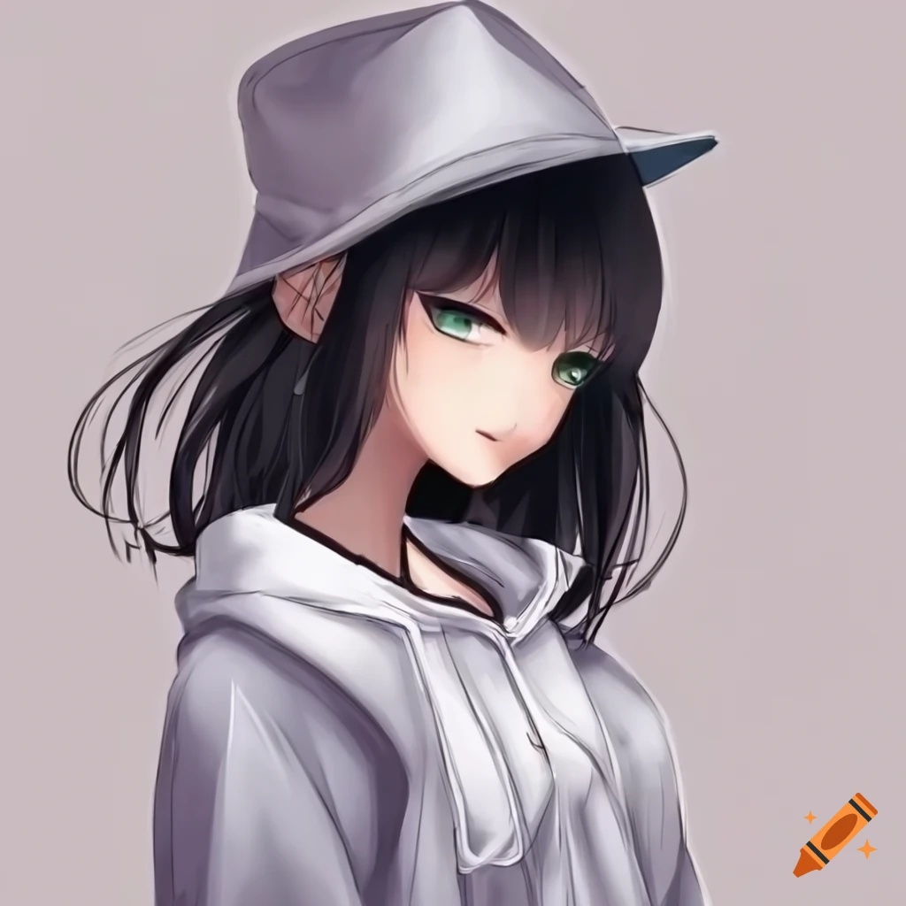 Confident anime girl with white hoodie and fedora on Craiyon