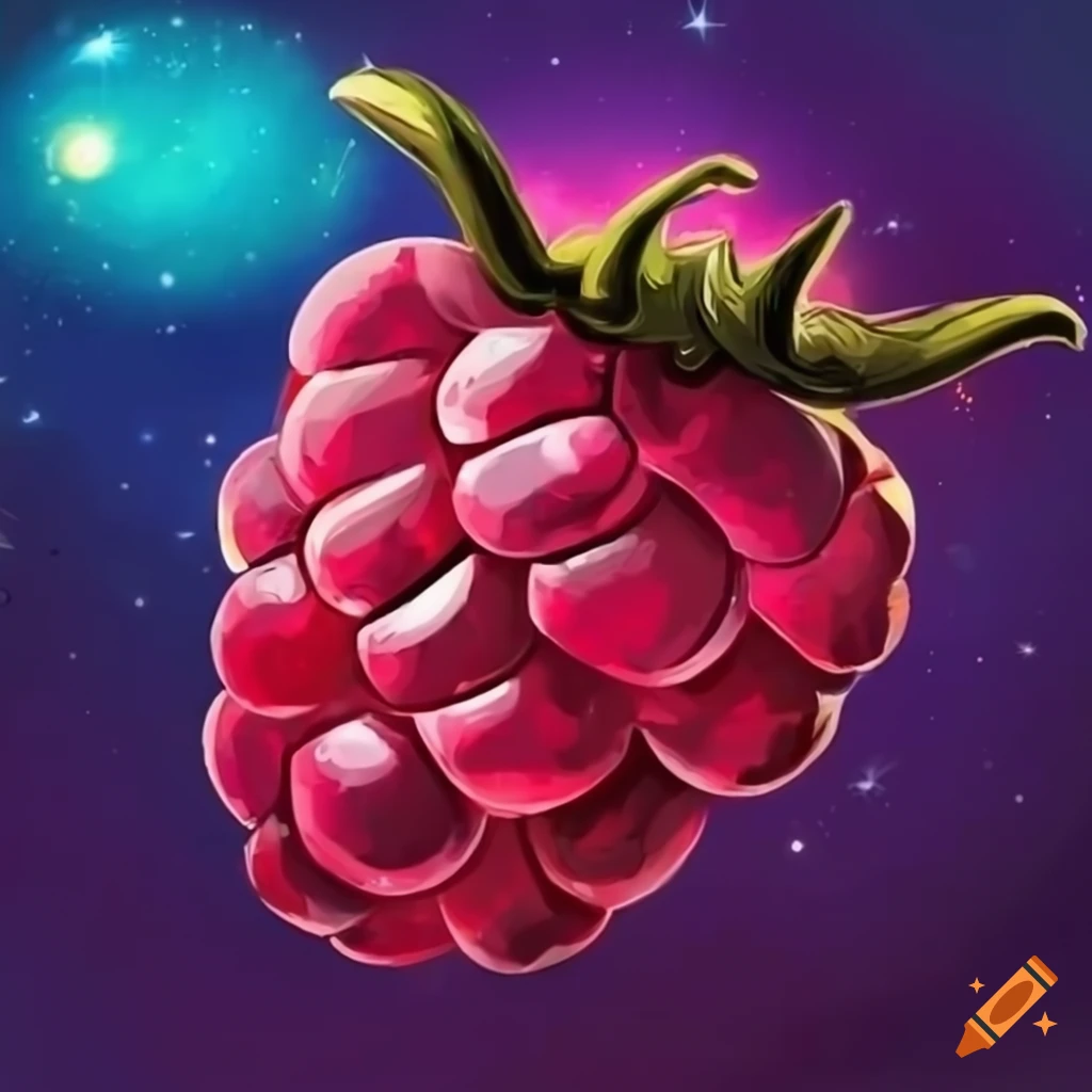 Cartoon raspberry in a cosmic setting