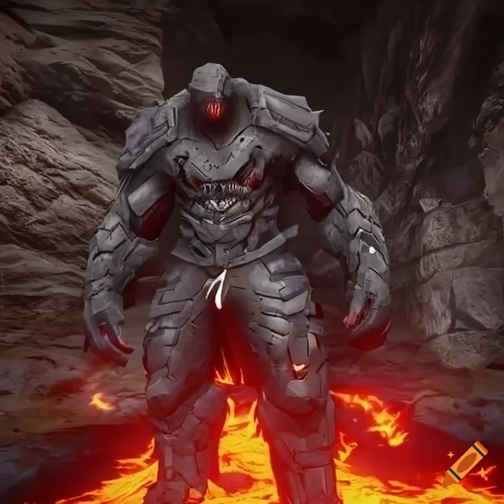 Portrait of a black stone armored golem cyborg with red glowing ...