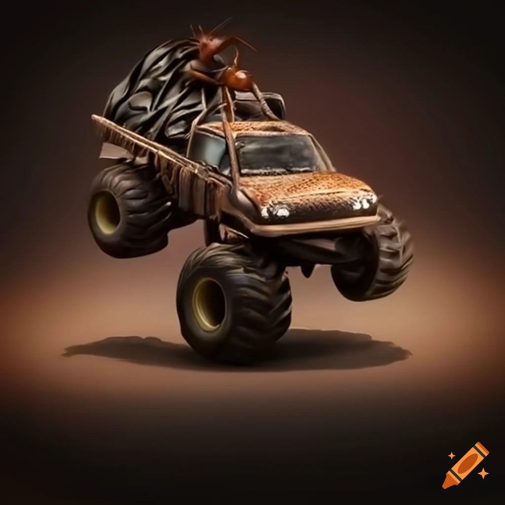Photo realistic artwork of ants driving a monster truck on Craiyon