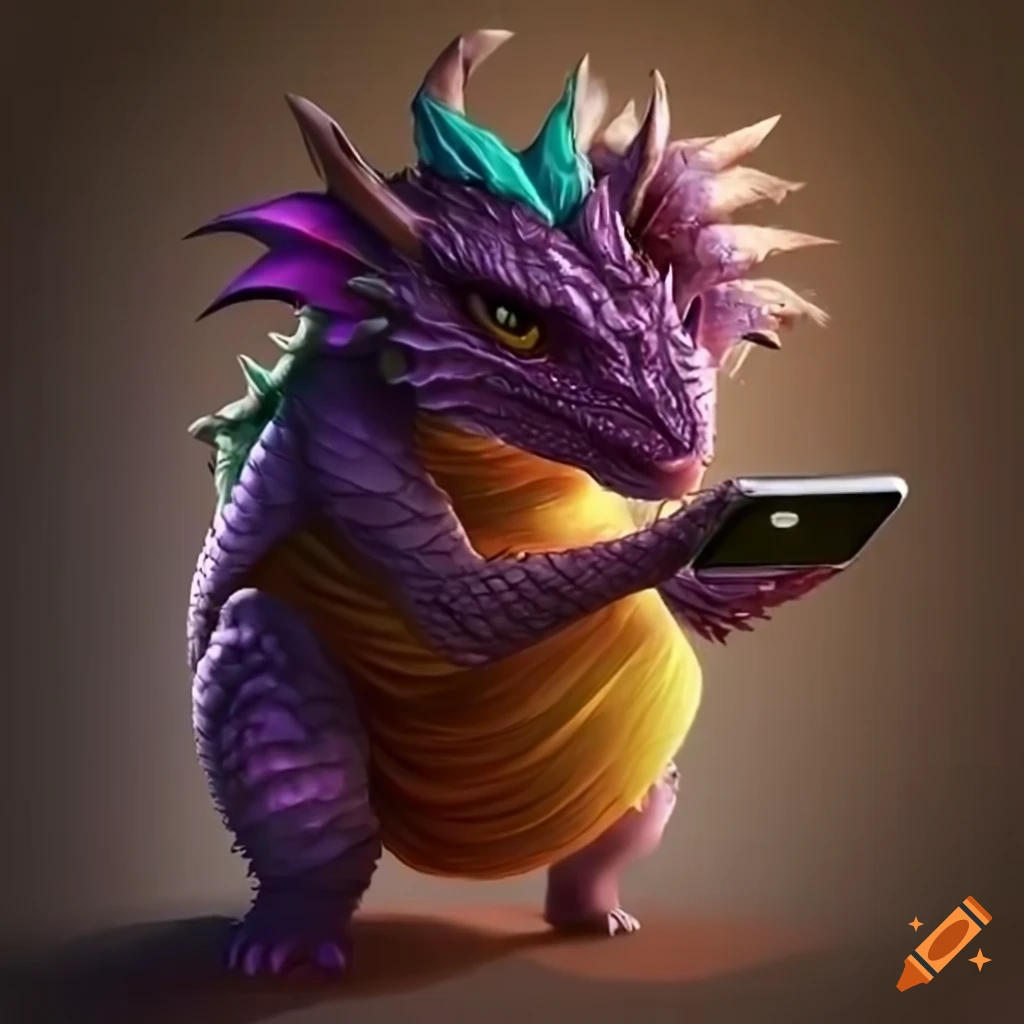 Photorealistic image of a dragon holding a smartphone