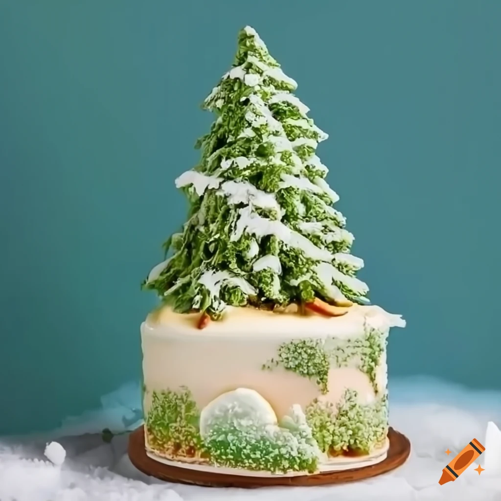 Photorealistic winter cake with snow and trees