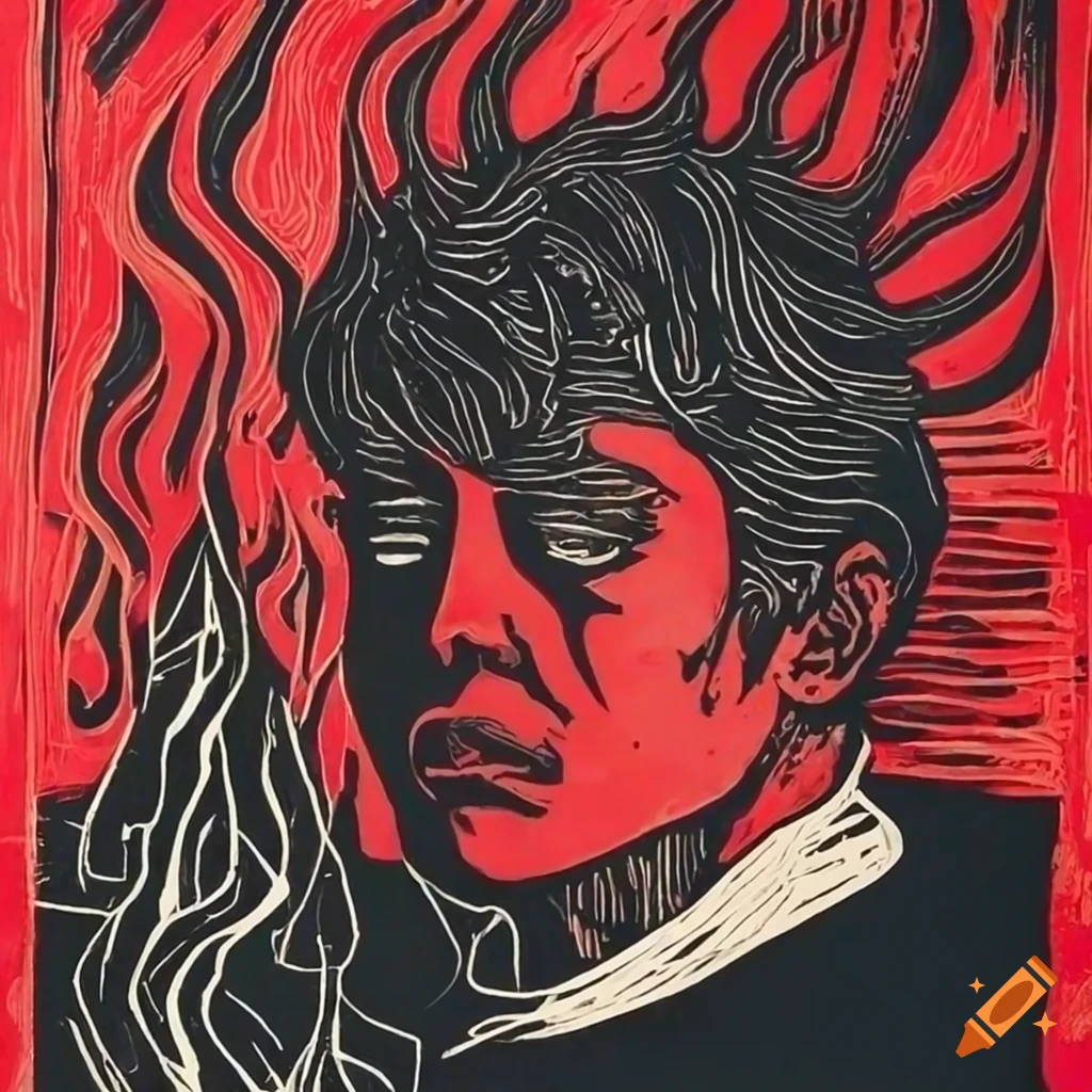 Linocut portrait of a young man surrounded by flames