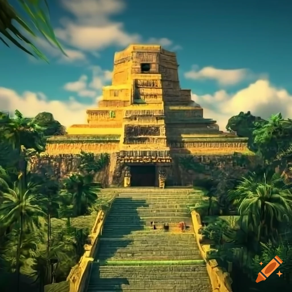 3D rendering of a yellow Aztec temple in the jungle on Craiyon